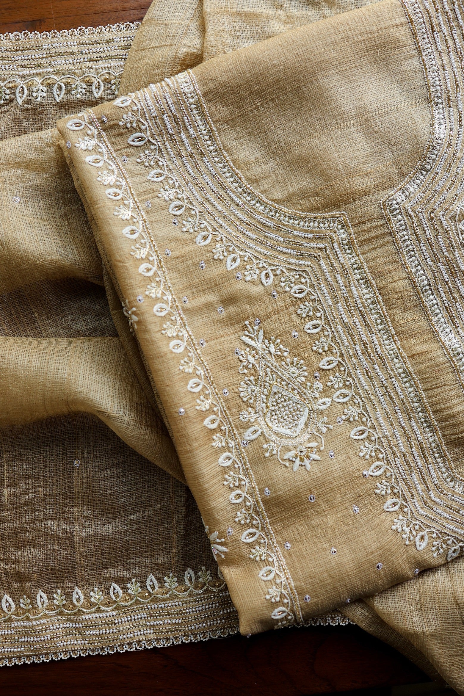 Beige Rasm Tussar Kota Chikankari Unstitched Chikankari Fabric