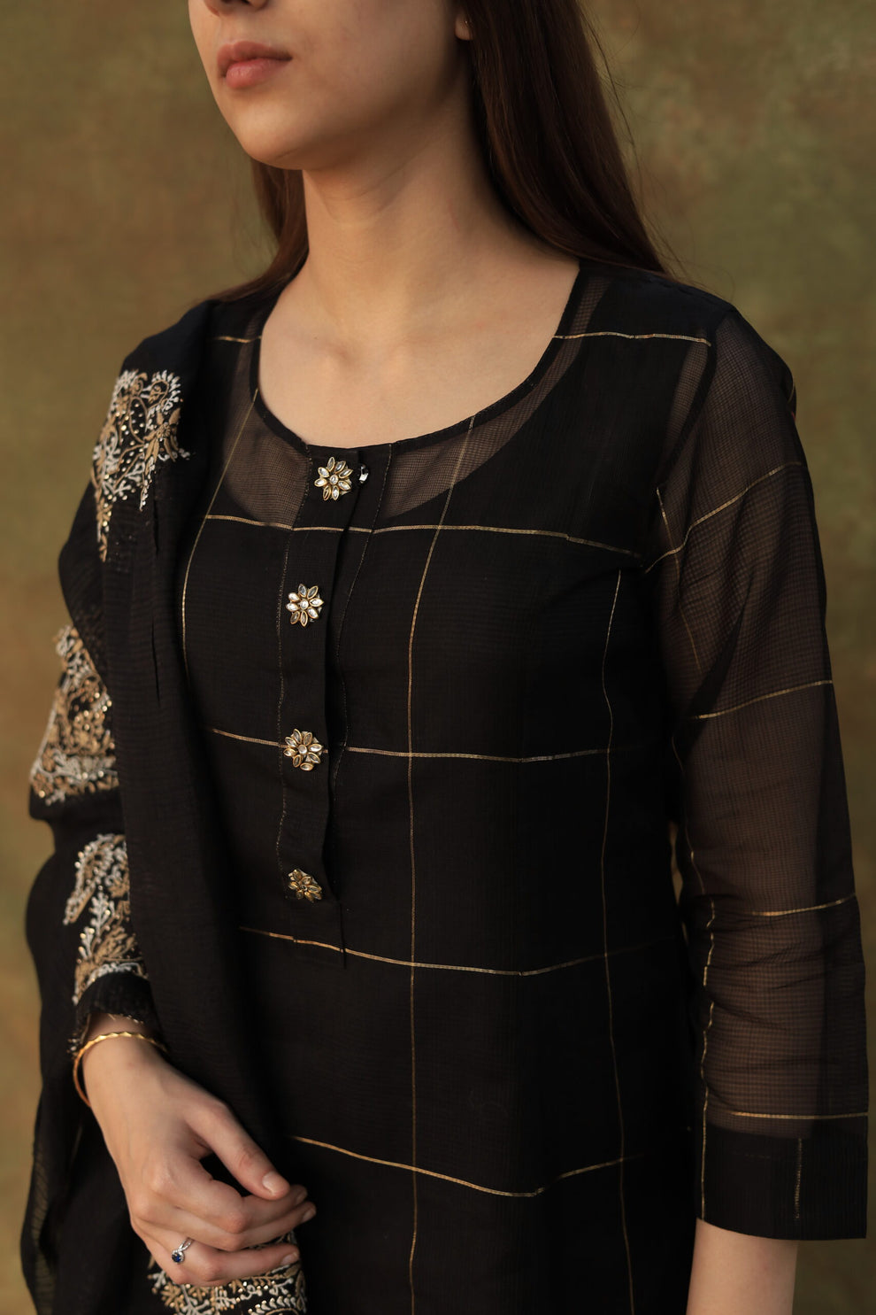 Black Zari Kota Ready to Wear Kurta Set