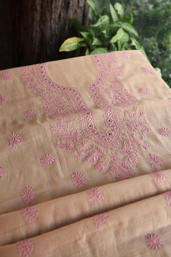 Natural Beige Mal Cotton Fine Chikankari With Kamdani Work Unstitched