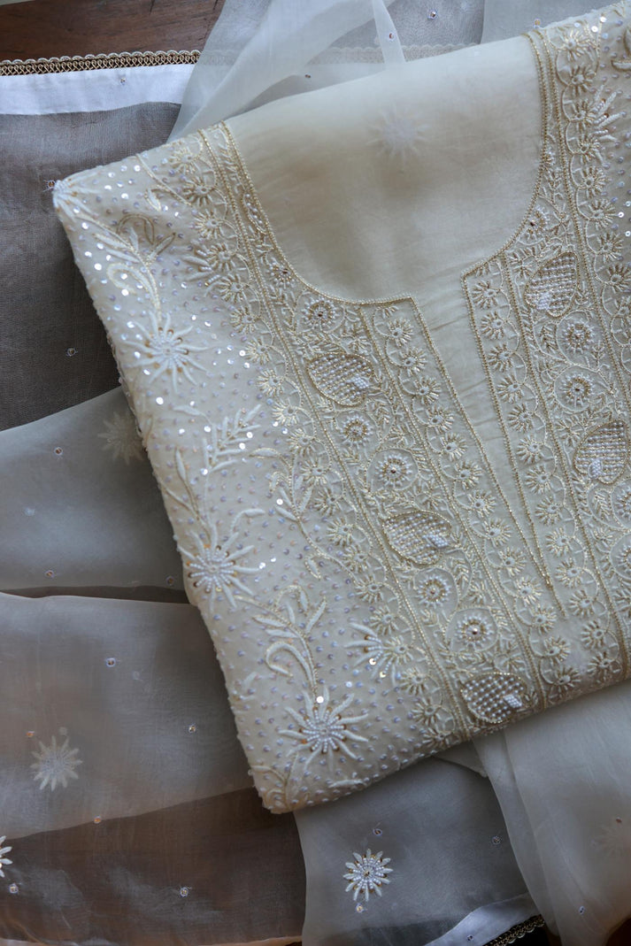 Off White Noor Organza Banarasi Silk Chikankari Unstitched Kurta Dupat