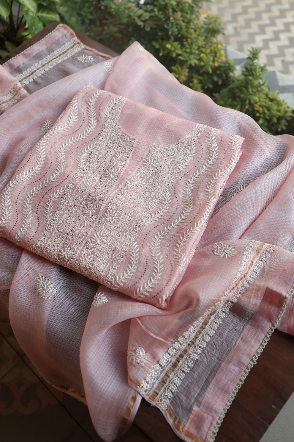 Pink Rasm Kota Tussar Chikankari Unstitched Chikankari Fabrics