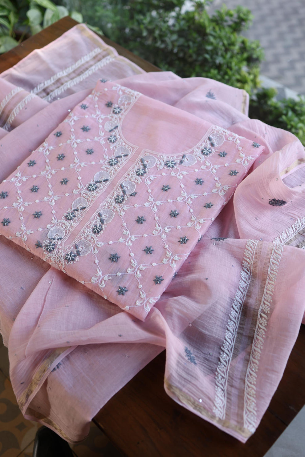 Pink & Grey Shade Malmal Pearl Work Chikankari Fabric