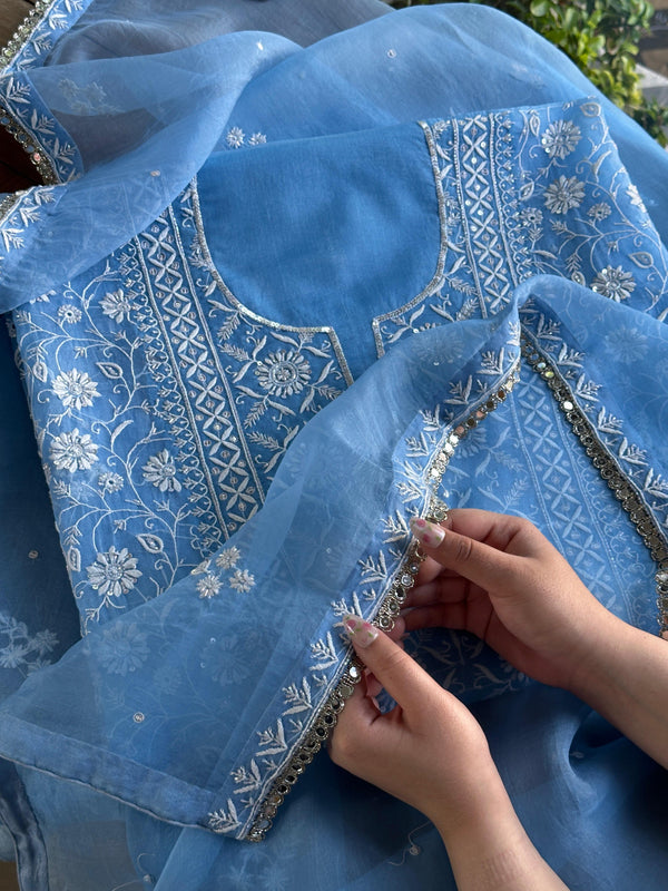 Powder Blue Shade Noor Organza Silk Chikankari Unstitched Kurta Dupatt